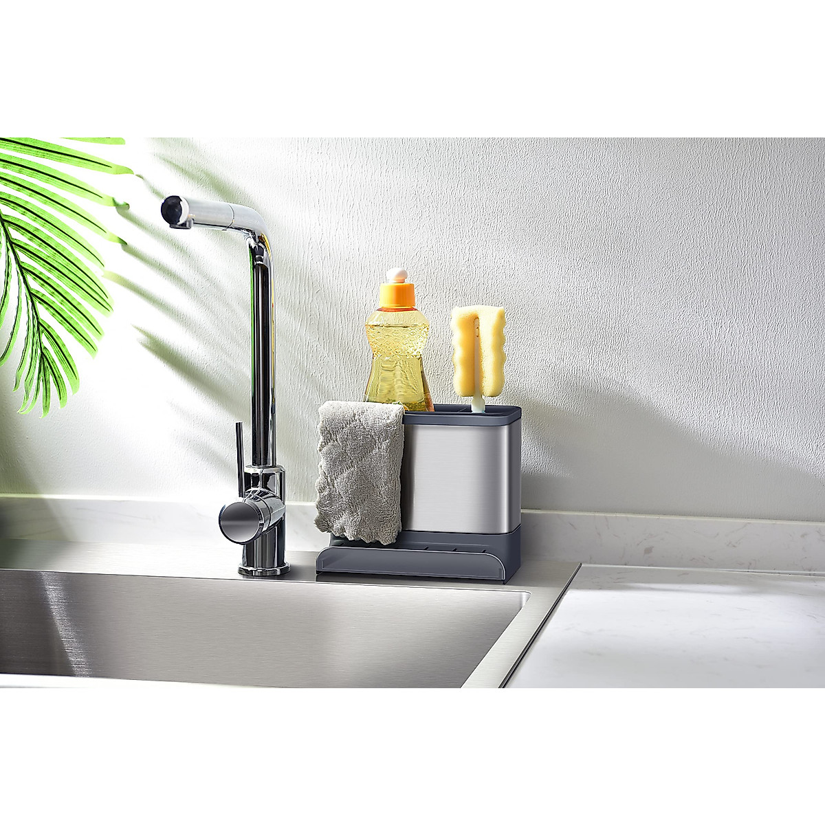 CLEARNEXT Brushed Stainless Steel Sink Caddy with Towel and Utensil Holder with Drip Tray, for Brush, Sponge, and Flatware Crock | for Kitchen or Bathroom