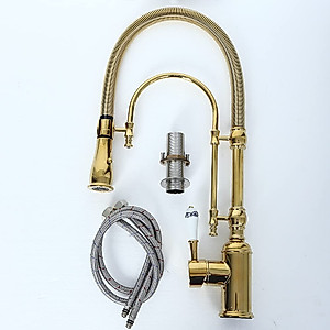 KunMai Single Handle High Arc Swiveling Dual-Mode Pull-Down Sprayer Kitchen Sink Faucet with Porcelain Handle in Polished Gold,Lead-Free Solid Brass Pre Rinse Faucet