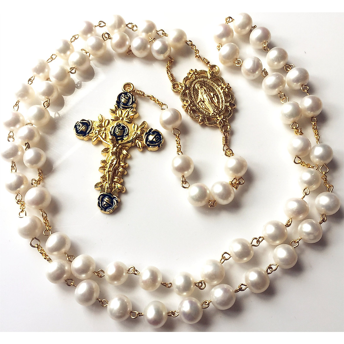 elegantmedical HANDMADE (AAA 10MM) Real Pearl BEADS CATHOLIC GOLD ROSARY CROSS GIFT NECKLACE Supper BOX