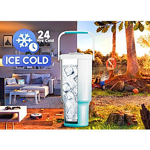 Meoky 32 oz Tumbler with Handle, Tumbler with Lid and Straw, Stainless Steel Travel Mug, 100% Leak Proof, Keeps Cold for 24 Hours, Fits in Car Cup Holder (Azure)