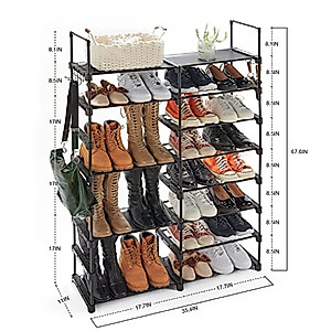 EXQ Home Black Metal Shoe Rack for Closet,8 Tiers Free Standing Shoe Racks for Entryway with Side Hooks,24-30 Pairs Shoe and Boots Shelf, Tall Shoe Organizer for College Dorm, Door and Garage
