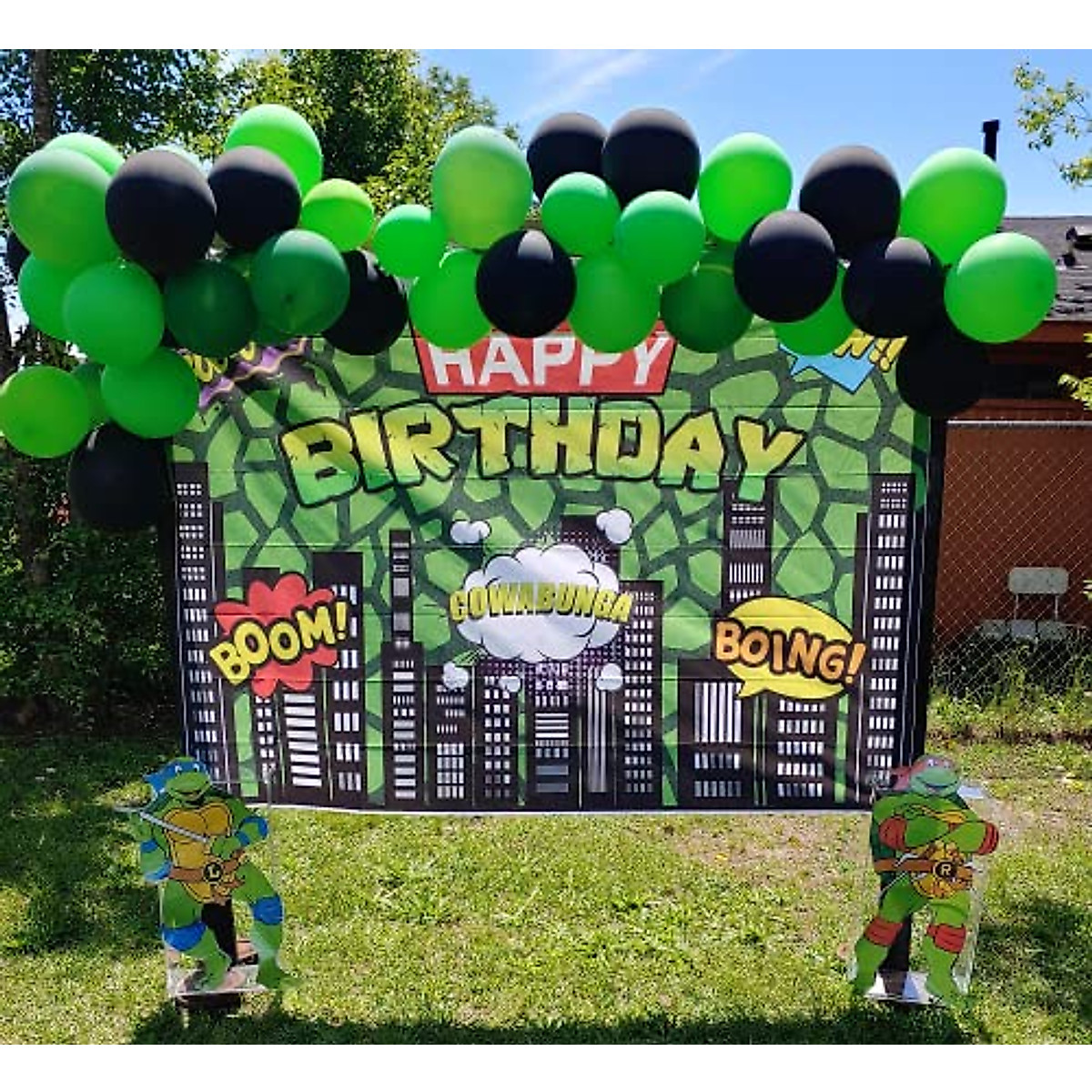 BINQOO 5x3ft Cartoon Birthday Backdrop Green American Comics Cityscape Buildings Photography Background Tortoise Boy Newborn Baby Shower Kids Decor Photo Booth Prop