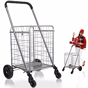 Shopping Cart with Wheels, Realife Folding Utility Cart with Brake for Grocery, Holds Up to 90lbs, Silver