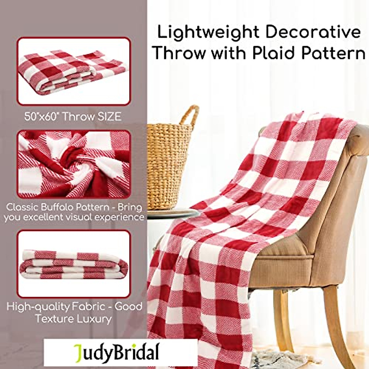 JUDYBRIDAL Extra Soft Flannel Fleece Throw Blanket | Buffalo Plaid Blanket for Couch,Sofa,Bed,Christmas Decor | Super Luxury Lightweight Checkered Blanket | 50 x 60 Inches, Red-and-White Check