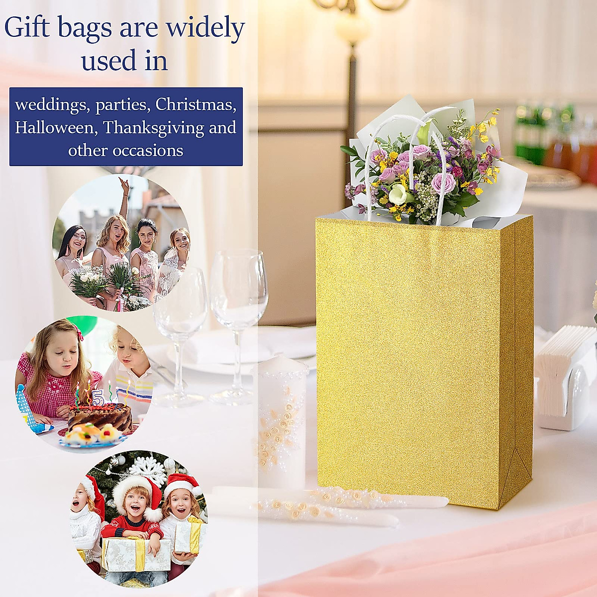 60 Pcs Small Gift Bags Valentines Day Paper Gift Bags Glitter Kraft Bag Reusable Gift Bag with Handle Bridal Shower Favor Bags Bulk Goodie Bags for Wedding, Birthday, Bridesmaids,8.2*5.9*3.1 (Gold)