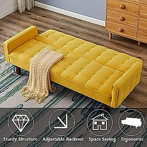 Anwickhomk 72" Convertible Folding Sofa Bed Futon,Modern Linen Fabric Sleeper Loveseat with 2 Pillows & Solid Wood Legs,Small Couch Bed Recliner Sofa for Living Room Apartment Office (Yellow-New)