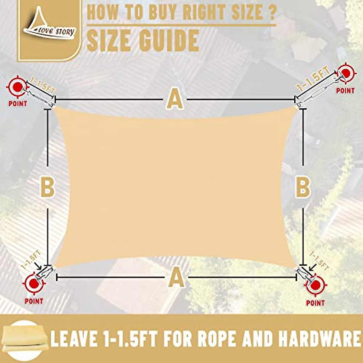 LOVE STORY 12' x 16' Rectangle Sand Sun Shade Sail Canopy UV Block Awning for Outdoor Patio Garden Backyard (We Make Custom Size)