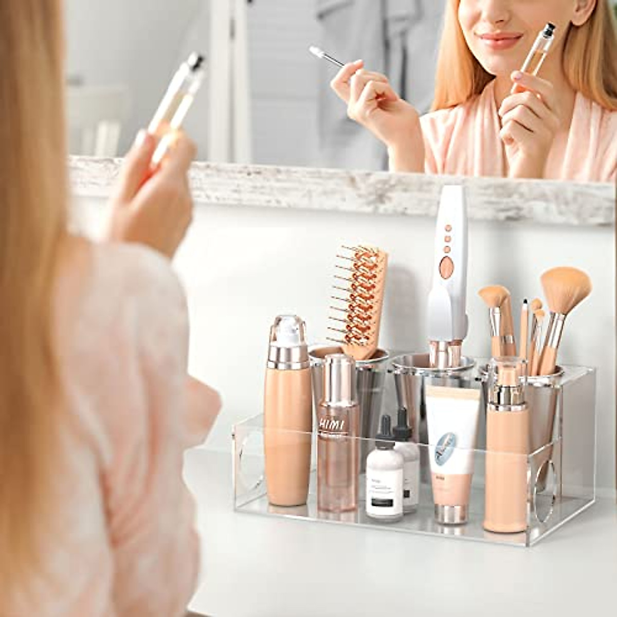 HIIMIEI Hair Tools Organizer Clear Acrylic Hair Dryer Holder Countertop Blow Dryer Stand Storage for Vanity Bathroom with 3 Cups