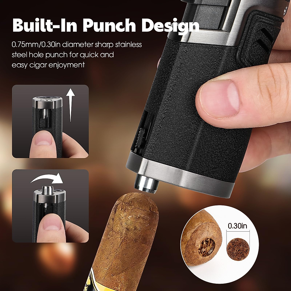 Tesonway Cigar Lighter, 2 Pack, Quad Jet Flame Torch Lighter, Refillable Butane Lighters with Cigar Punch, Multifunctional Windproof Adjustable Butane Torch Lighter - Butane Not Included