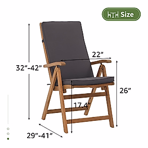 OC Orange-Casual Folding Patio Dining Chair Set of 2, Outdoor Acacia Wooden Reclining Chair w/Armrest & Removeable Cushion, FSC Certified Wood, for Porch, Backyard, Garden, Indoor, Dark Grey