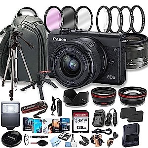 Canon EOS M200 Mirrorless Digital Camera with EF-M 15-45mm f/3.5-6.3 is STM Lens + 100S Sling Backpack + 128GB Memory Cards, Professional Photo Bundle (40pc Bundle)