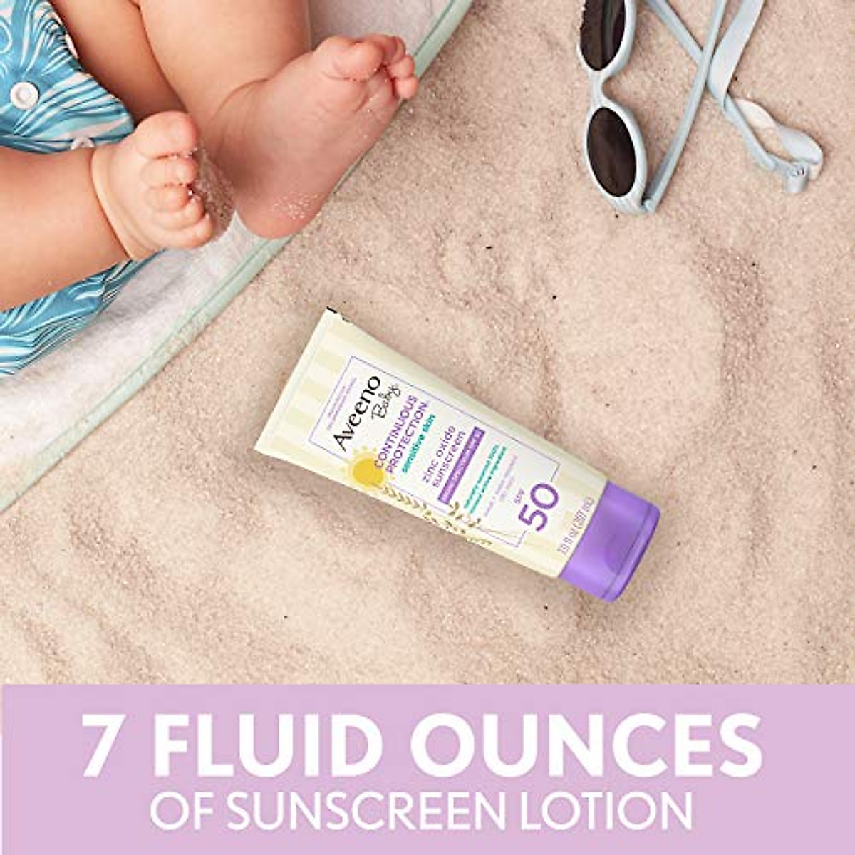 Aveeno Baby Continuous Protection Zinc Oxide Mineral Sunscreen Lotion for Sensitive Skin, Broad Spectrum SPF 50, Tear-Free, Sweat- & Water-Resistant, Paraben-Free, Non-Greasy, 7 fl. oz