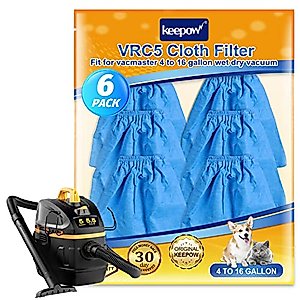 KEEPOW Shop Vac Filter Bags Compatible with Vacmaster 4 to 16 Gallon Wet Dry Vacuums VBV1210 VJC507P, Cloth Filter Bags 6 Pack, Part #VRC5