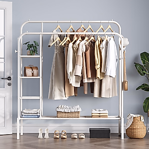 JOISCOPE Double Rods Portable Garment Rack for Hanging clothes, 49.6 * 62.2 Inch Metal Clothing Rack with Bottom Shelves and 4 Hooks,Freestanding Clothes Rack for Bedroom,Space Saving, White