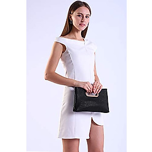 Women Glossy Patent Leather Clutch Cut Out Metal Handle Chain Shoulder Handbag (Grey)