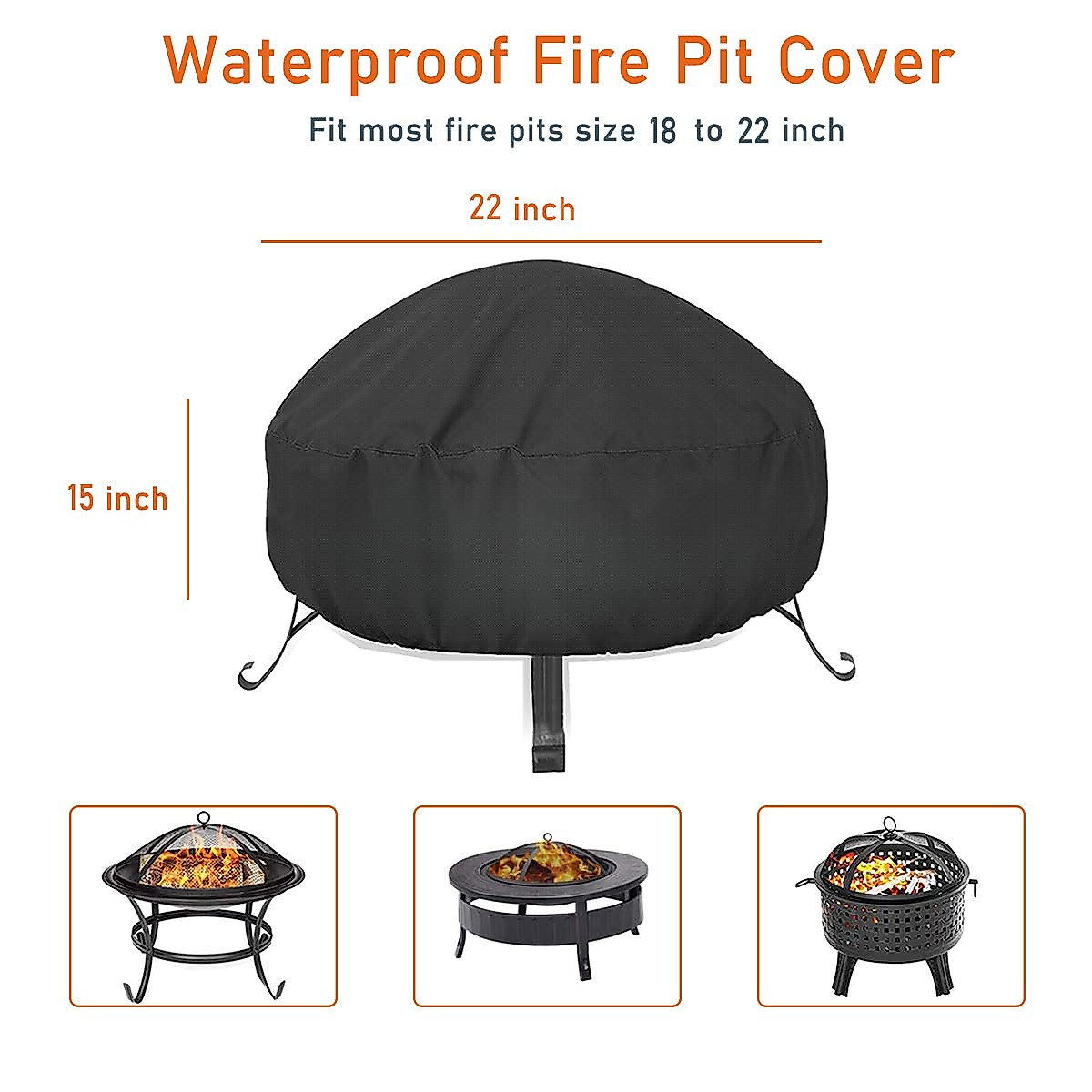 LBTING Fire Pit Cover, 22 inch Cover for 18-22 inch Round Firepit, Waterproof Windproof Dustproof UV-Resistant Heavy Duty Cover for Outdoor Patio Firepit Table - Black