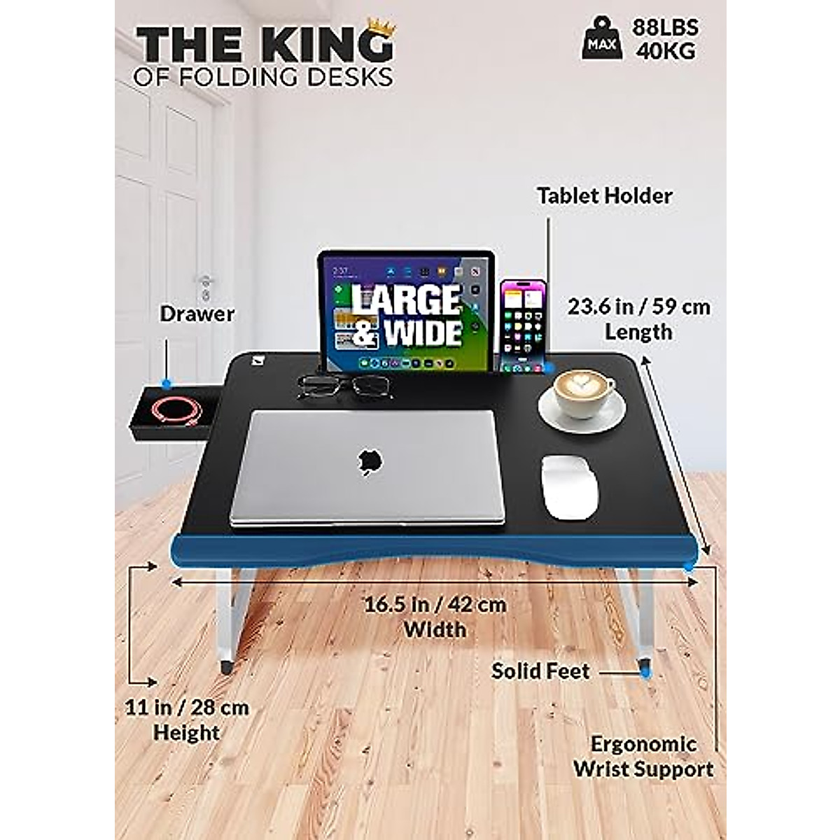 Cooper Mega Table - Large Laptop Desk for Bed, Portable Table Tray, Laptop Stand with Built-in Tablet, Phone Slot, Storage Drawer for Working, Gaming, and Eating on Couch/Sofa/Floor