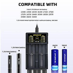 18650 Battery Charger, Suitable for 3.7v Lithium Battery 18650 20700 10440 14500 18500 16340 17500 26650 and 1.2v Ni-Mh/Ni-Cd AA AAA Battery, Battery Rechargeable Charger(2 Bay)