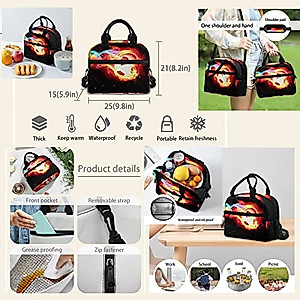 Poetesant Colorful Fire Football Black 3 Pack School Bookbag+Picnic Organizer+Water Bottle Bag Flaming Soccer Ball Backpack with Lunch Bag Water Bottle Strap