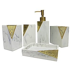 Cozy Villa 5-Piece Bathroom Accessories, Lotion Dispenser, Soap Dish, Toothbrush Holder, Tumblers, White Marble with Gold Design