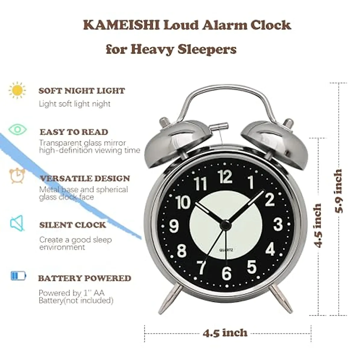 KAMEISHI Loud Alarm Clock for Heavy Sleepers Adults, Retro 4.5 Inches Twin Bell Battery Operated Analog Kids Desk Clocks for Bedrooms Bedside (Noctilucent Black)