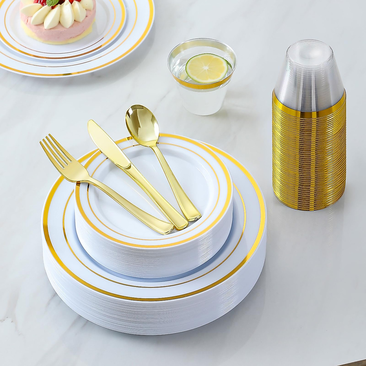 600 Pieces Gold Plastic Dinnerware for 100 Guests, Disposable Plastic Plates for Party Wedding Birthday, Includes 100 Dinner Plates, 100 Salad Plates, 100 Spoons, 100 Forks, 100 Knives, 100 Cups