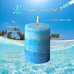 Petristrike Strong Ocean Scented Pillar Candles, 50+ Hrs Long Burning Candles，3 Pack Blue Candles for Home Scented (3x4'')