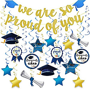 Graduation Decorations,Navy Blue and Gold Hanging Swirls,Gold Glitter We Are So Proud of You No DIY Required Banner Garland for Grad Party Decoration Supplies 2022