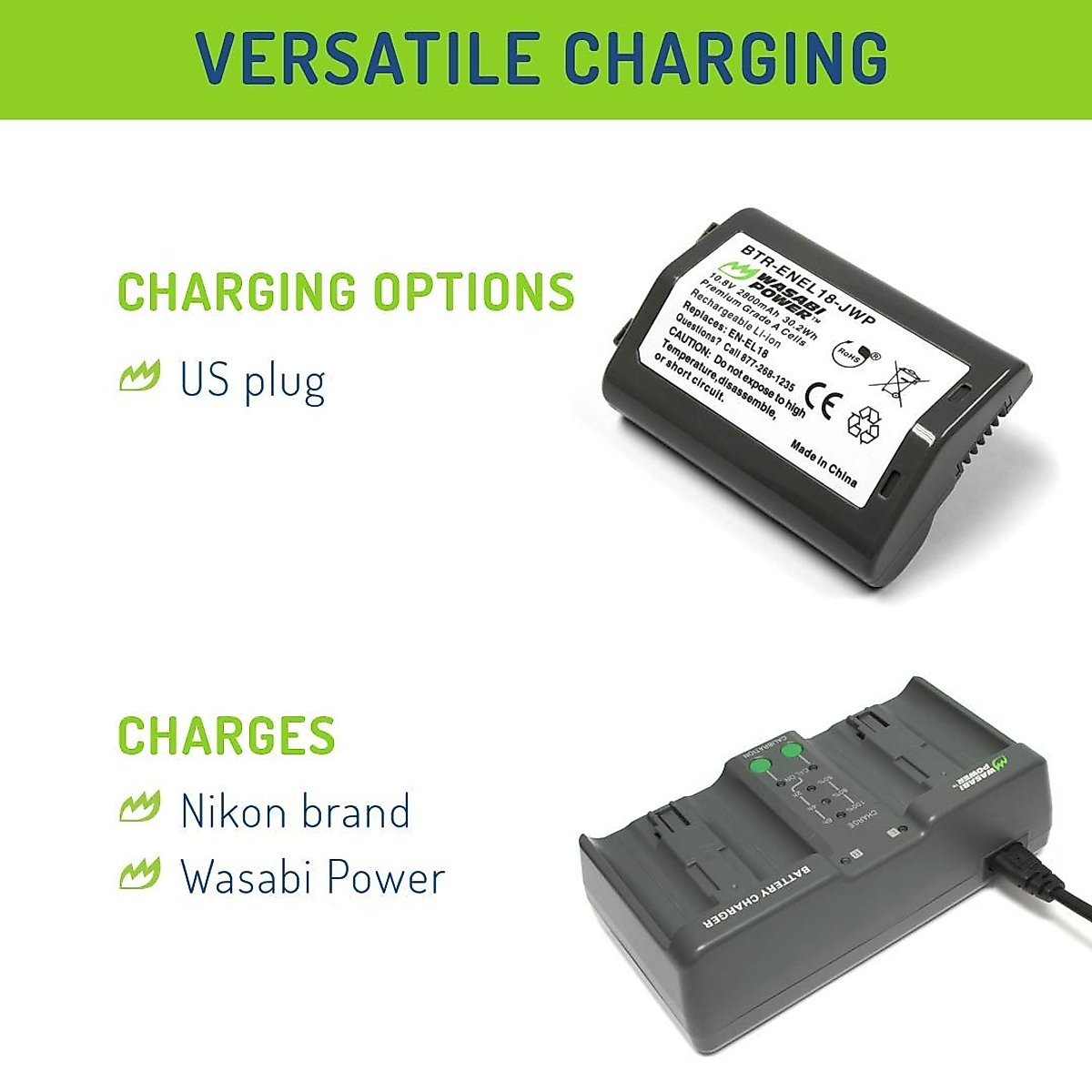 Wasabi Power Battery (2-Pack) and Dual Charger for Nikon EN-EL18, EN-EL18a, EN-EL18b, EN-EL18c and Nikon D4, D4S, D5, D6, D850 (with adapters/Grips)