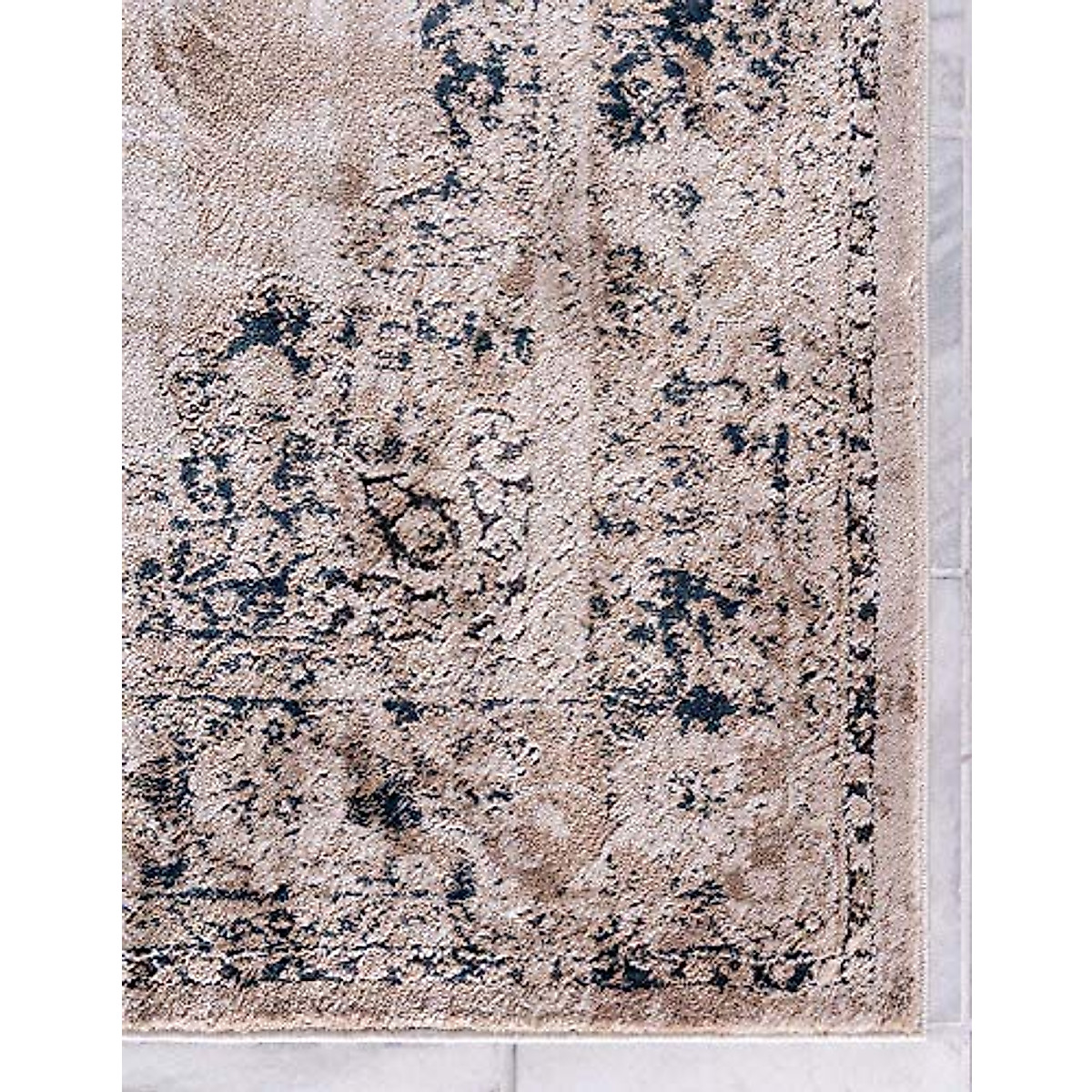 Unique Loom Leila Collection Traditional, Distressed, Medallion, Border, High-Low Pile, Vintage Area Rug, 3' 3" x 5' 3", Tan/Navy Blue