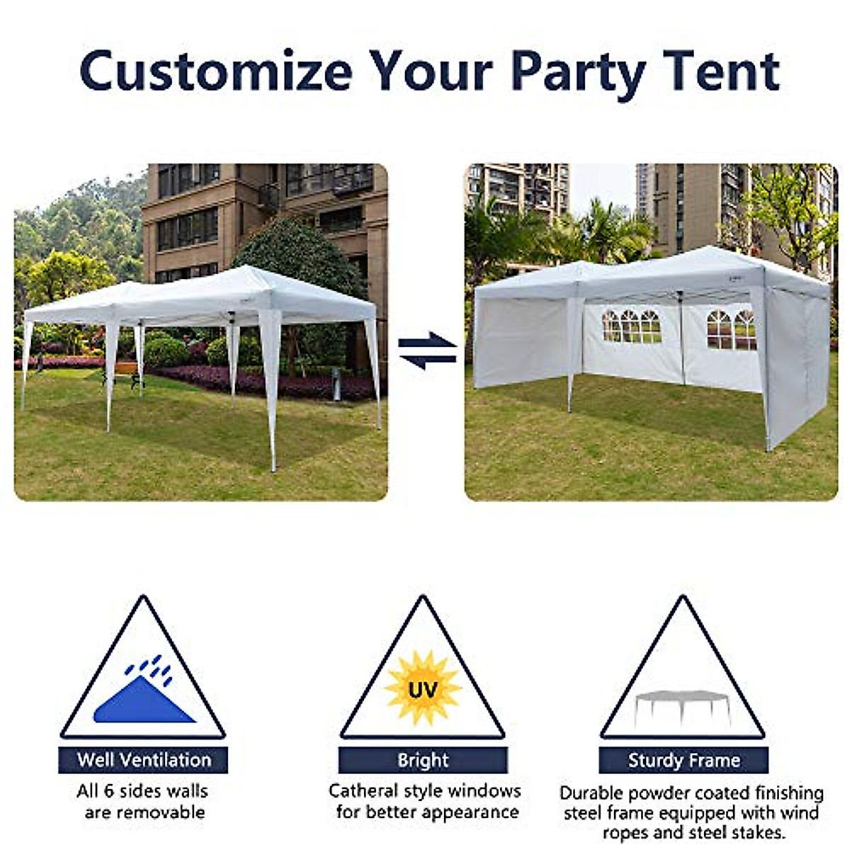 VINGLI 10x20ft Pop Up Canopy Tent with 6 Removable Sidewalls, Party Tent with Carry Bag, Outdoor Gazebo Beach Tent Camping Tent, Patio Event Tent Outdoor Canopy Commercial Canopy