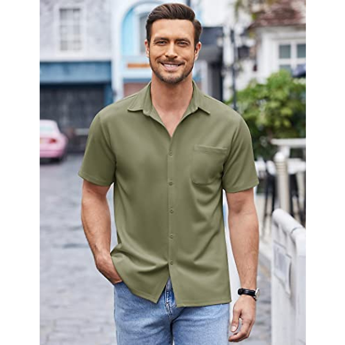 COOFANDY Men's Casual Button Down Shirts Short Sleeve Regular Fit Beach Shirt Tops Light Green
