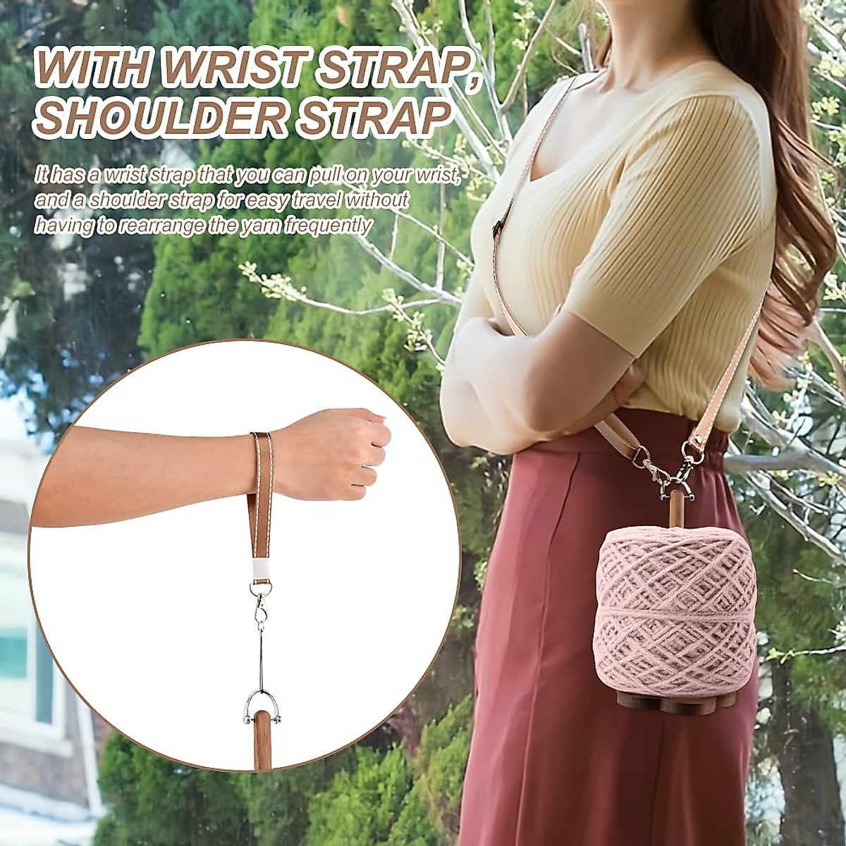 JIANWEI Portable Wrist Yarn Holder, Wrist Yarn Ball Minder Stand with Wristband&2 Finger Crochets, Yarn Minder Yarn Storage Organizer Knitting Supplies Crocheting Gift for Craft Lover(Walnut)