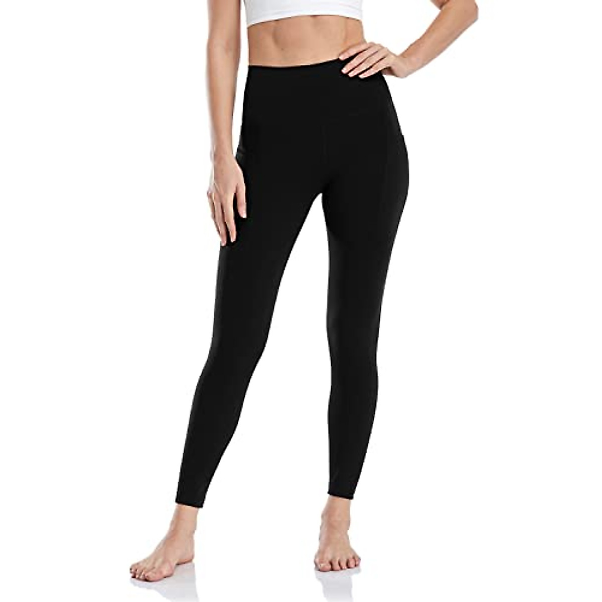 HeyNuts Leggings with Pockets for Women, High Waisted 7/8 Leggings Tummy Control Compression Workout Buttery Soft Pants 25'' Black L(12)