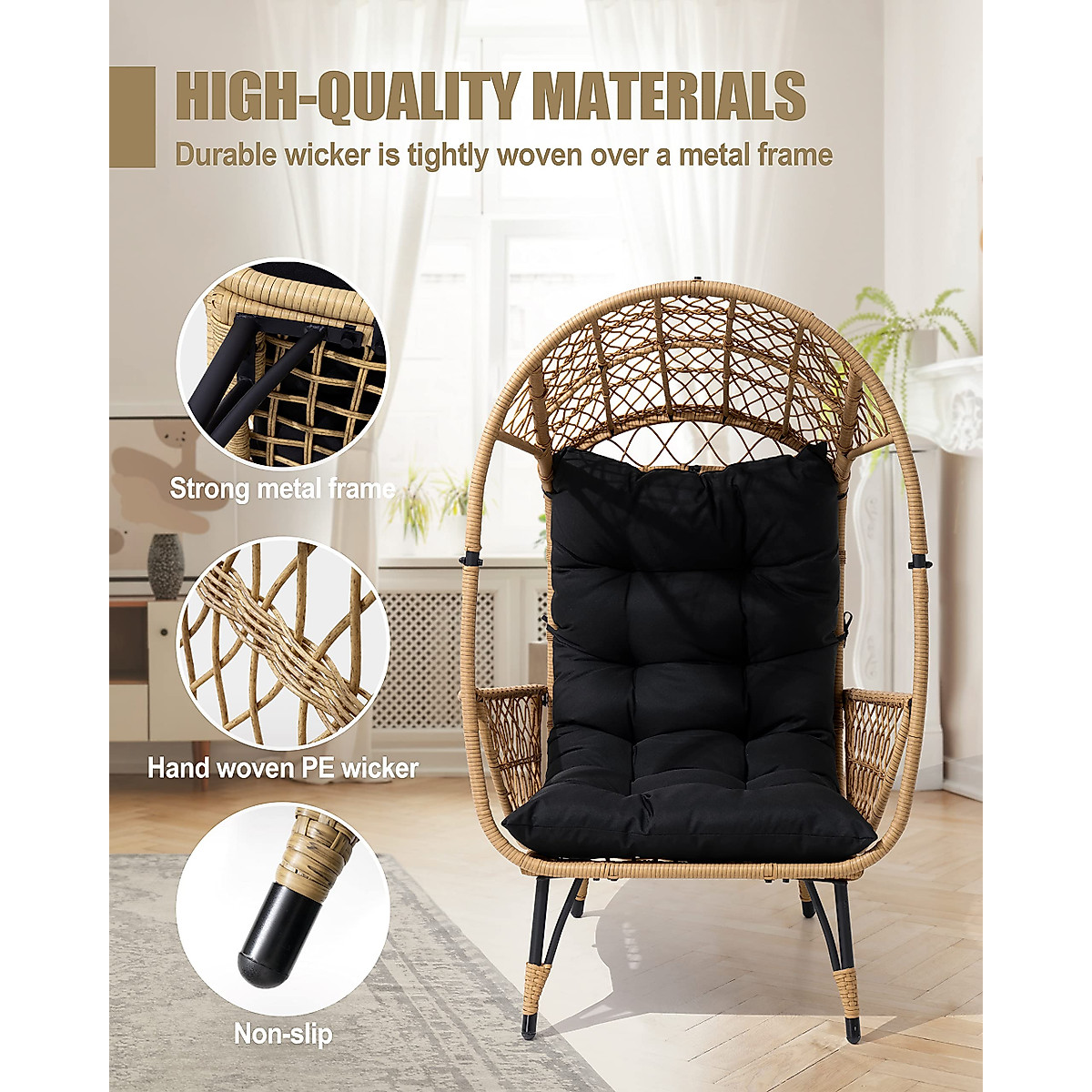 JOINHOM Hand Woven Wicker Egg Chair, Patio Sun Shade Egg Chair with Wide Armrest Allow You to Relax, Strong Metal Frame Lounge Chair w/Cushion for Garden, Balcony, Living Room