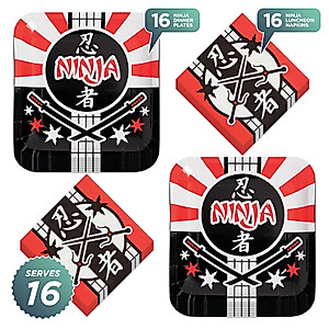 HOME & HOOPLA Ninja Warrior Party Square Paper Dinner Plates and Lunch Napkins (Serves 16)