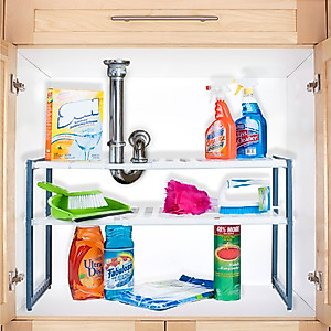 Stalwart Adjustable Under Sink Shelf Organizer Unit, 11.325"x17.75"x15.325", White & Gray