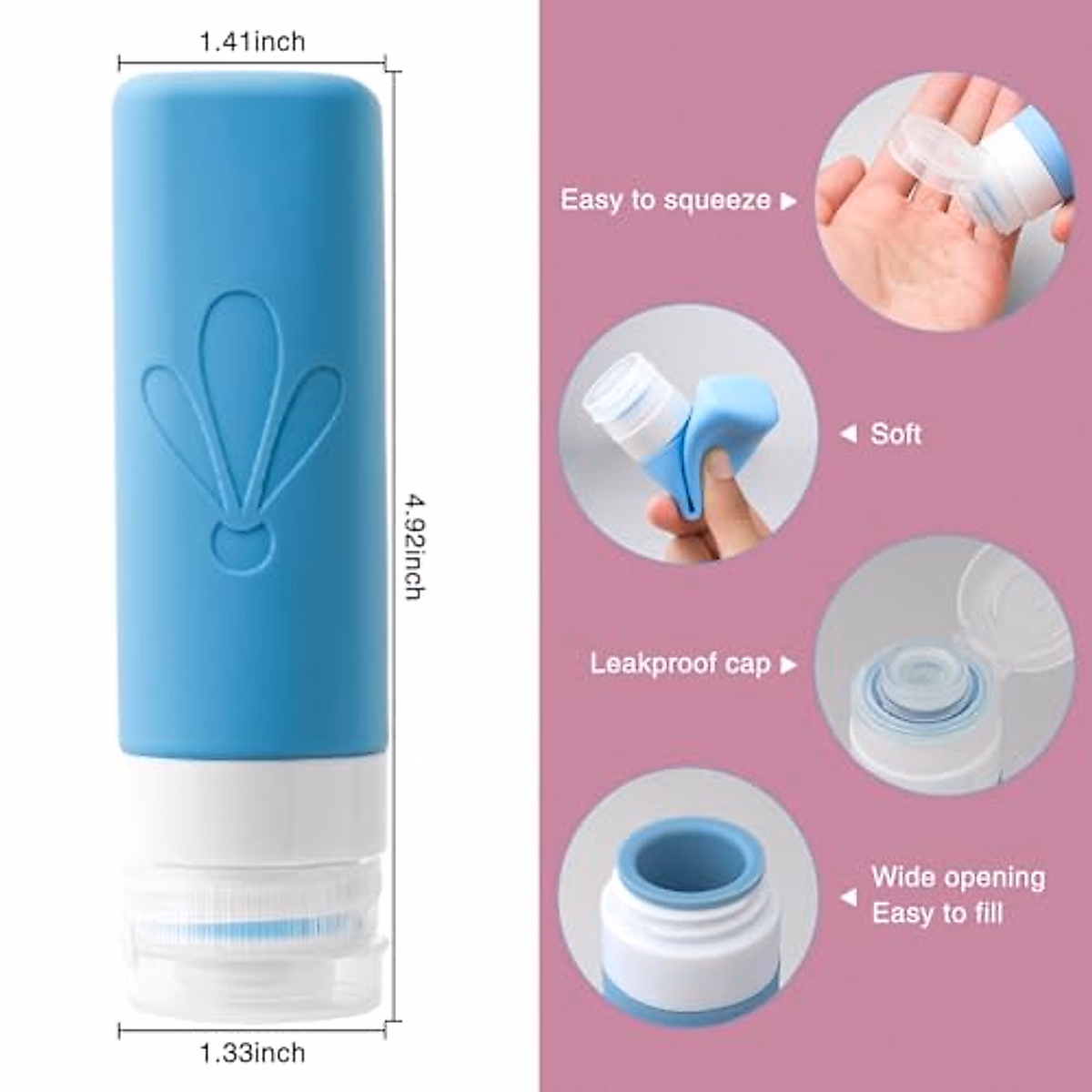 Wonsea 4 pack Travel Bottles for Toiletries TSA Approved Leak Proof containers BPA Free Travel conditioner Silicone Travel size bottles shampoo container 3oz Travel bottle with bag (Purple and Pink)