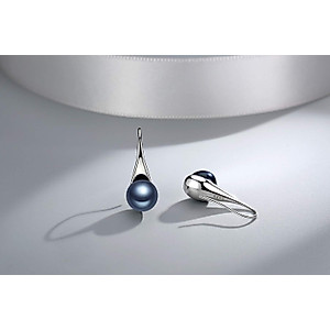 Pearl Earrings For Women, 925 Sterling Silver Freshwater Cultured Pearl Drop Dangle Hook Earring Jewelry (Classic White Gold Plated Sterling Silver Dark Blue Pearl, 0.31-0.33 inches)