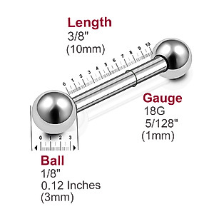 bodyjewellery 2pcs 18g 3/8 Barbell Cartilage Earring Stud Vertical Anti Tragus Triple Forward Helix Bar Surgical Steel Lobe Ball BBDZ 10mm