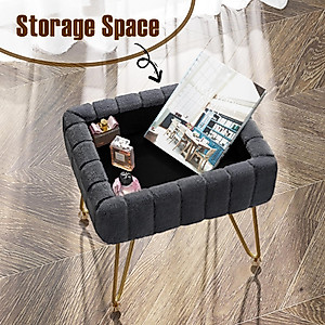 Greenstell Vanity Stool Chair Faux Fur with Storage,15.7"L x 11.8"W x 19.4"H Soft Ottoman 4 Metal Legs with Anti-Slip Feet, Furry Padded Seat, Modern Multifunctional Chairs for Makeup, Bedroom Grey
