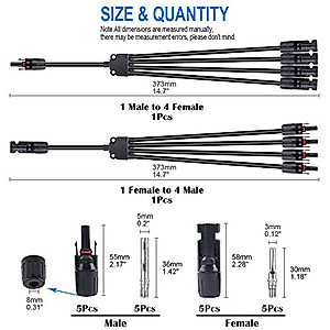 Glarks 22Pcs Cable Connectors Solar Panel Extension Adaptor Y Branch 1 to 4 Parallel Adapter Cable Wire Plug and 5 Pair Male/Female Solar Panel Cable Connector Set for Solar Panels (M/FFFF + F/MMMM)