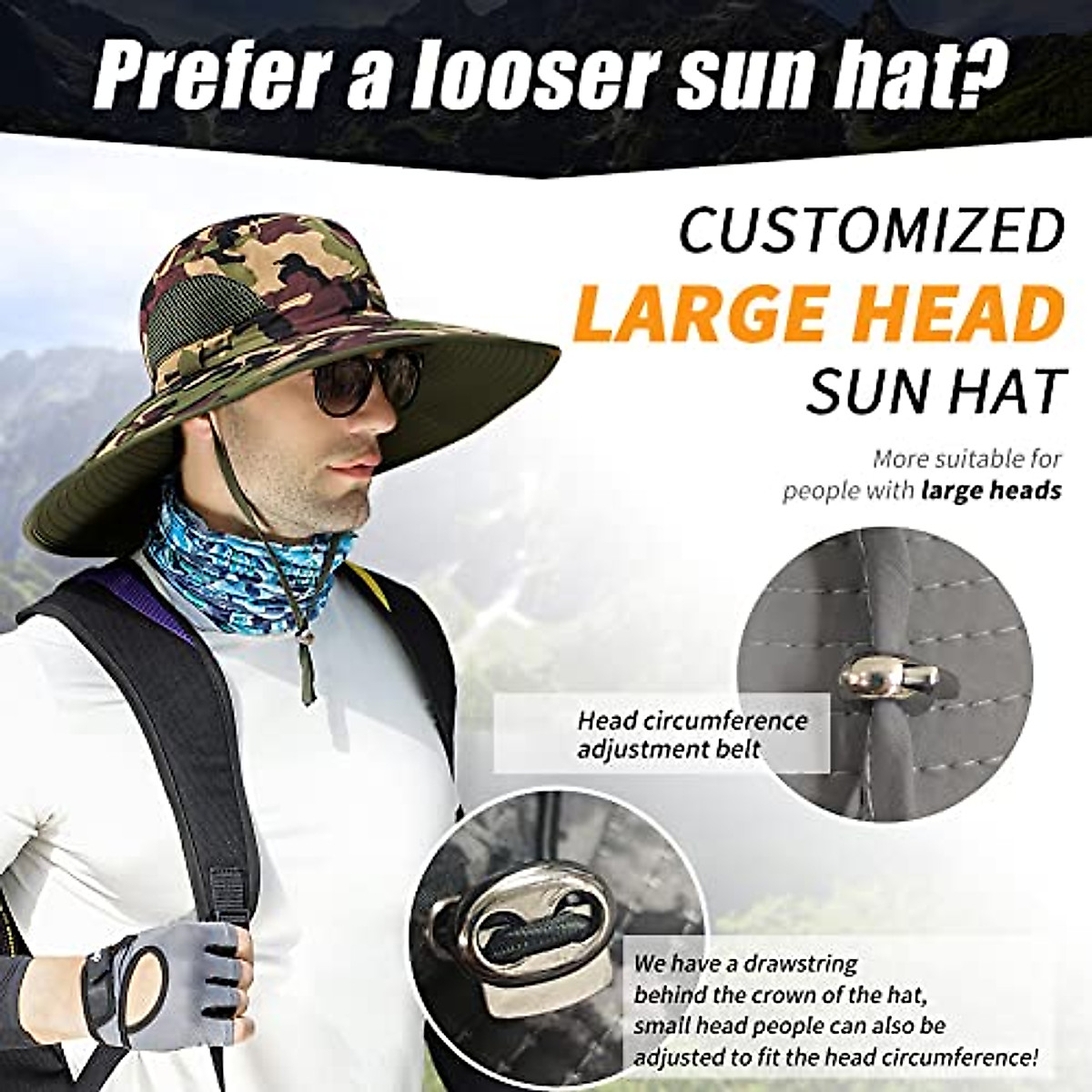 【Oversize XXL&Wide Brim】 Sun Hats for Men, 【UPF50+Waterproof】 Fishing-Hat Boonie Bucket for Hiking Safari Beach Garden Khaki