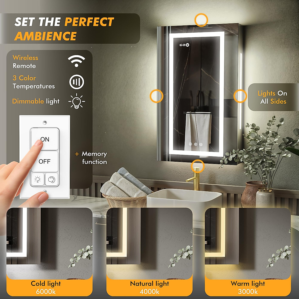 KRISTALLUM LED Lighted Medicine Cabinet Front & Backlit Dimmable Colours, Clock & Temp, USB Outlets (20 x 32inc)
