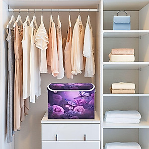 Wassud Purple Butterfly 16.5"x12.6"x11.8" Storage Bins with Lids,Collapsible Stackable Fabric Linen Baskets Closet Organizer Container