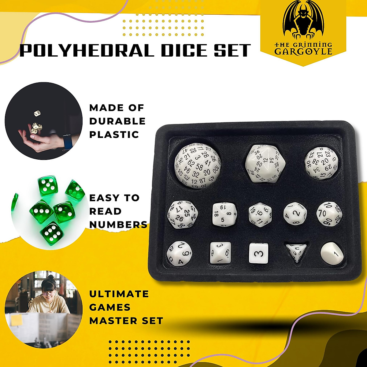 Grinning Gargoyle – 13x Deluxe Poly RPG Dice Set - Perfect for DND 5th Edition Pathfinder Starfinder Cyberpunk and Blades in The Dark – Includes a Giant 45mm 100 Sided Polyhedral Die or D100 (White)