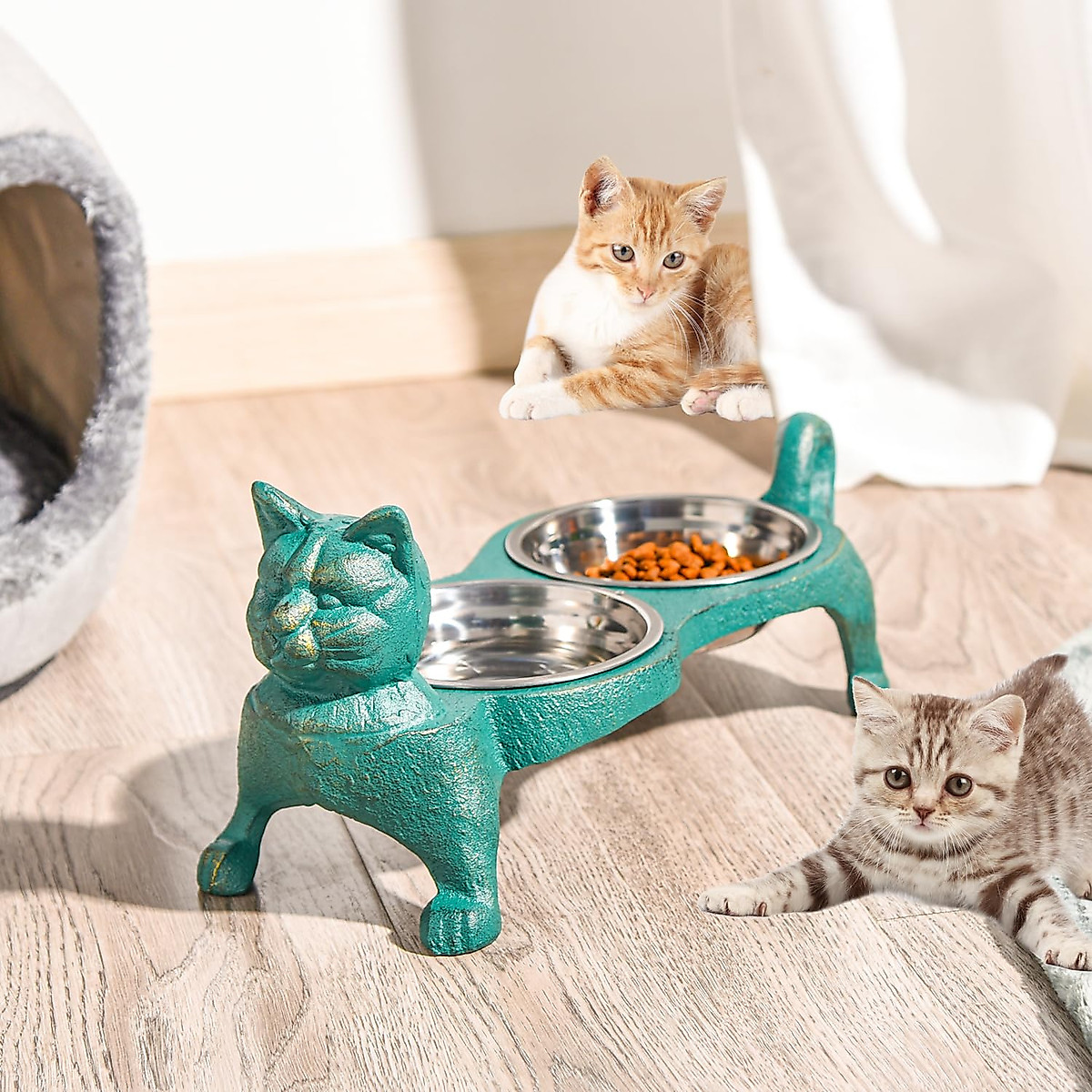 Sungmor Raised Bowls for Cats - Heavy Duty Non Slip Cast Iron Stands & 2 Stainless Steel Food Dish & Water Bowls - Great Pet Cats Feeder - Feeding & Watering Station Pet Supplies - 15.2x6.7x5.9 Inch