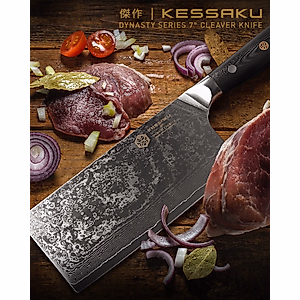 KESSAKU Meat Cleaver Butcher Knife - 7 inch - Damascus Dynasty Series - Heavy Duty - Razor Sharp - Forged 67-Layer Japanese AUS-10V High Carbon Stainless Steel - G10 Garolite Handle with Blade Guard