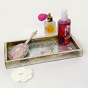 NuSteel Mosaic Tray Towel Holder in Natural Wood & Silver Mosaic for Paper Towels, Bathroom Decor, Rolling Tray