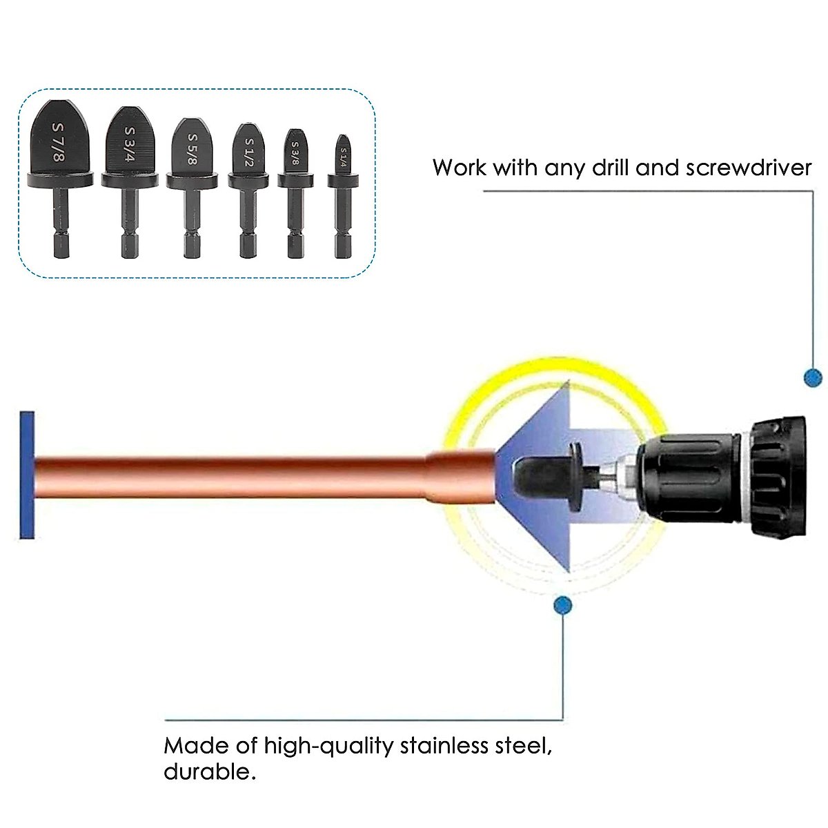 6Pcs Hex Handle Swaging Tool Drill Bit Set, Copper Pipe Flaring Tools, Air Conditioner Tube Expander, Professional Round Handle Tube Swage Repairing Set with 1/4, 3/8, 1/2, 5/8, 3/4 Bits